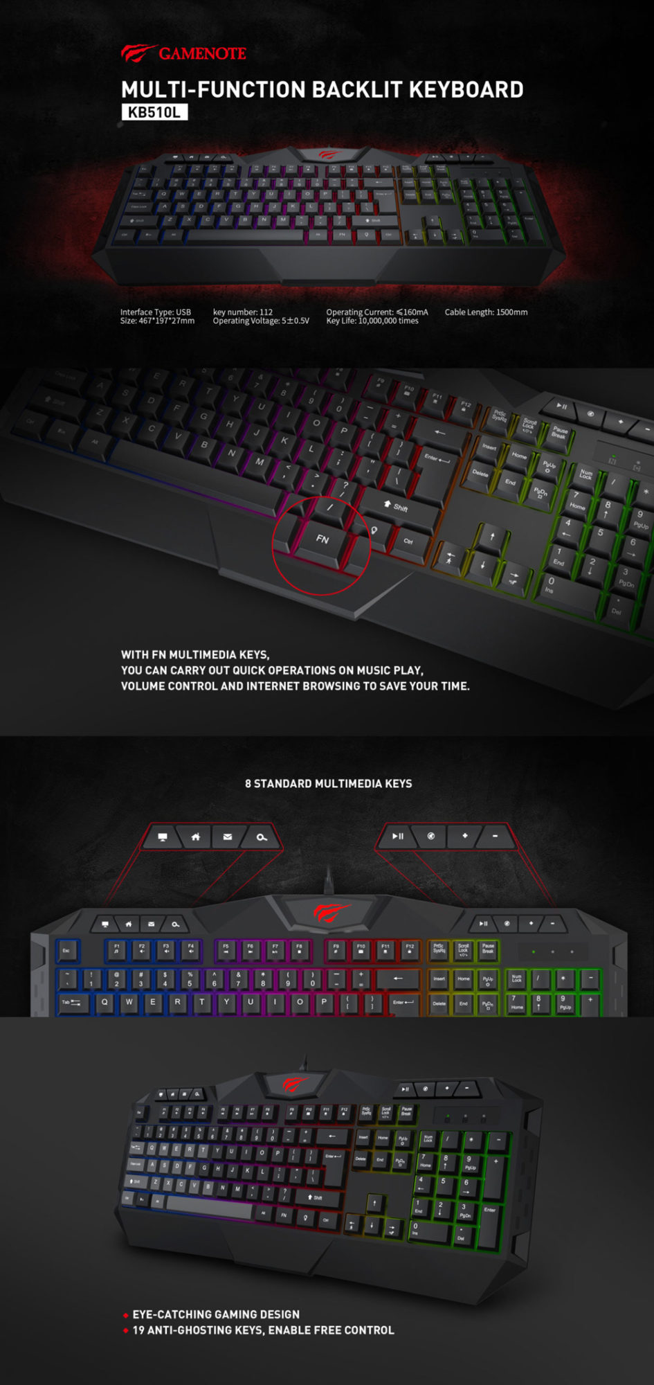 Havit KB510L Multi-function Backlit Keyboard - Penguin.com.bd