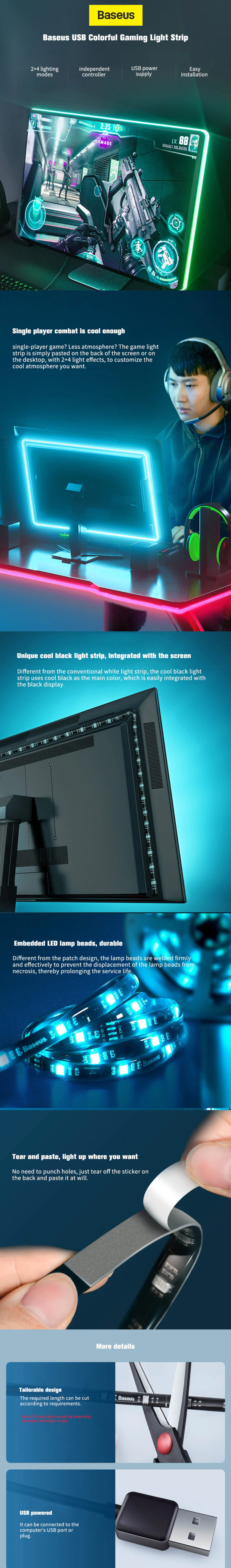 Baseus USB Colorful RGB Gaming Light Strip 1.5m (DGKU-01) - Black ...