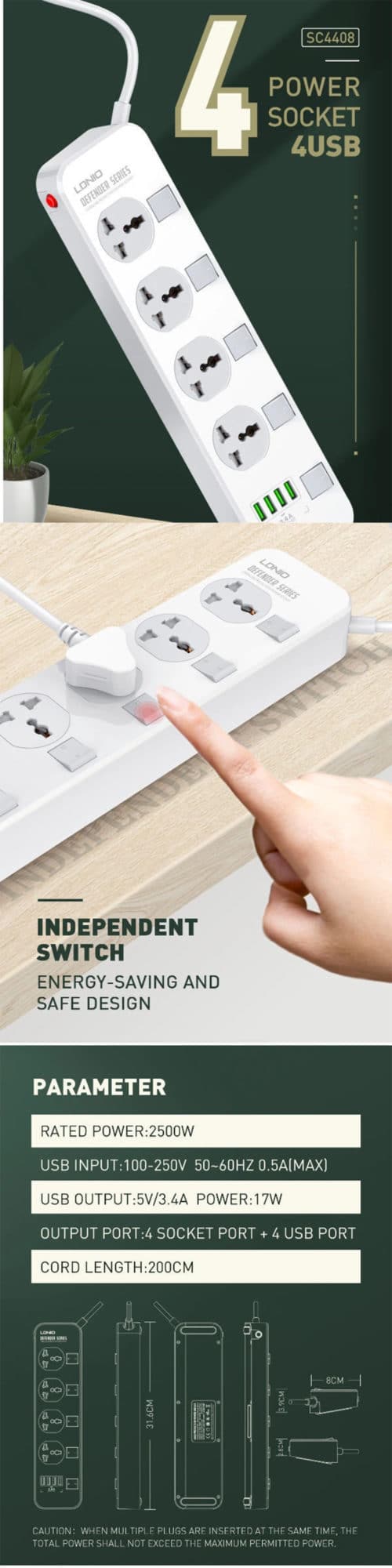 LDNIO SC4408 2500W 4 Socket & 4 USB Port Power Strip