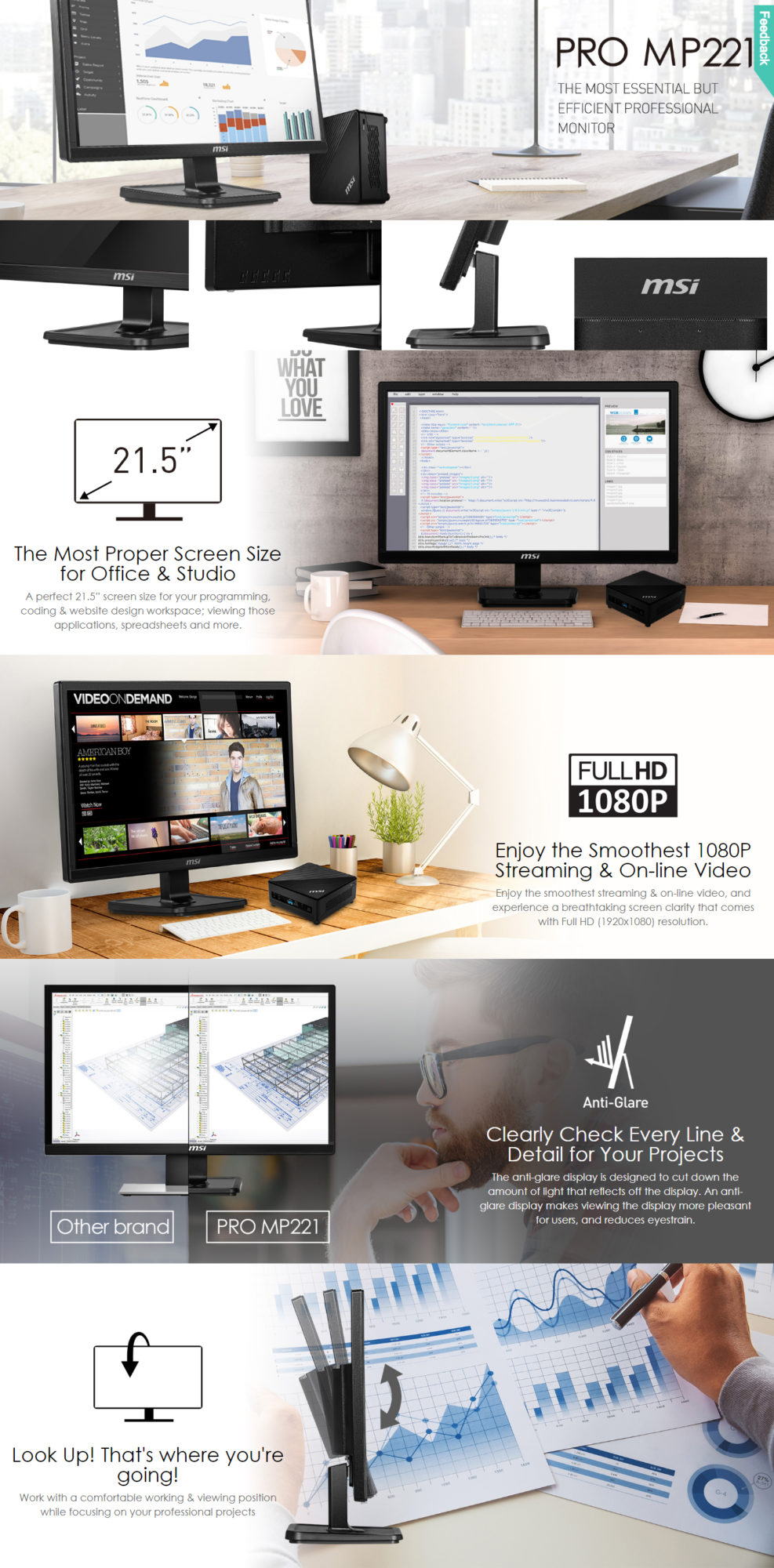 MSI Pro MP221 21.5 Inch FHD Monitor - Penguin.com.bd