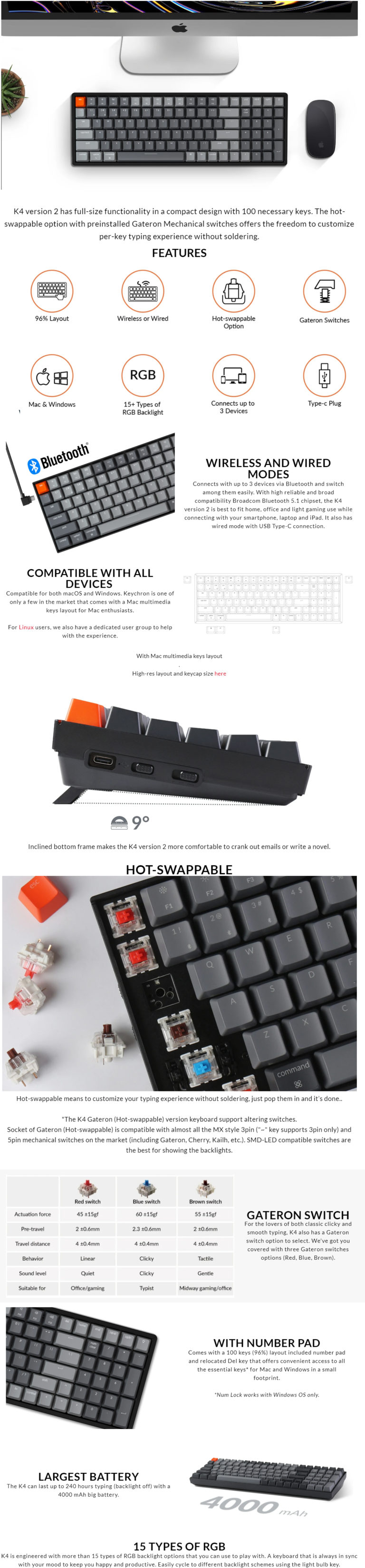 Keychron K4-B1 RGB Gateron Red Wireless Mechanical Keyboard (Version 2 ...