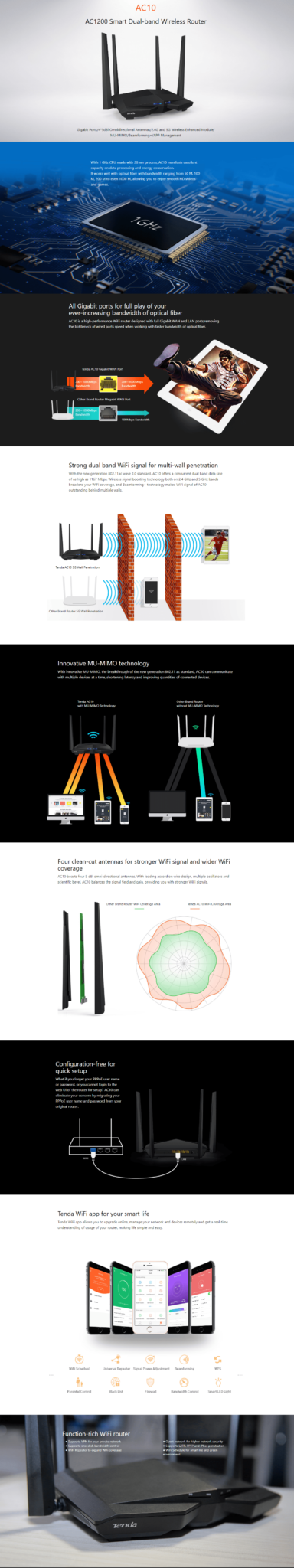 Tenda AC10 AC1200 Smart Dual-Band Gigabit WiFi Router - Penguin.com.bd