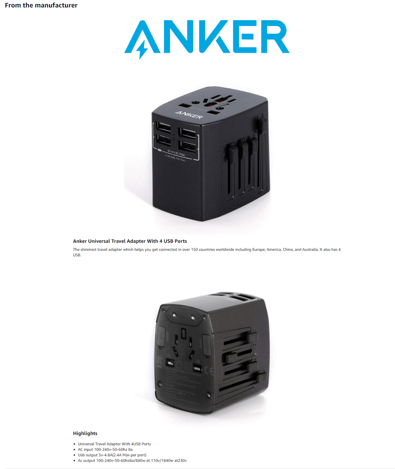 Anker Universal Travel Adapter With 4USB Ports (A2730H11) - Black ...