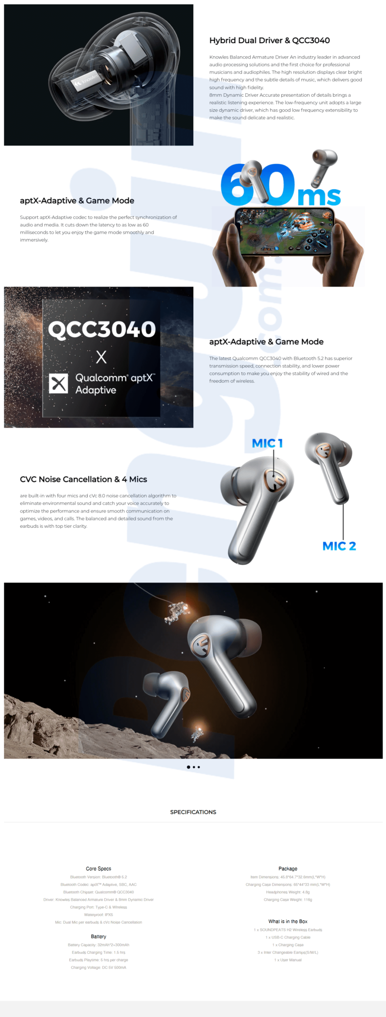 SOUNDPEATS H2 Hybrid Dual Driver True Wireless Earbuds - Penguin.com.bd