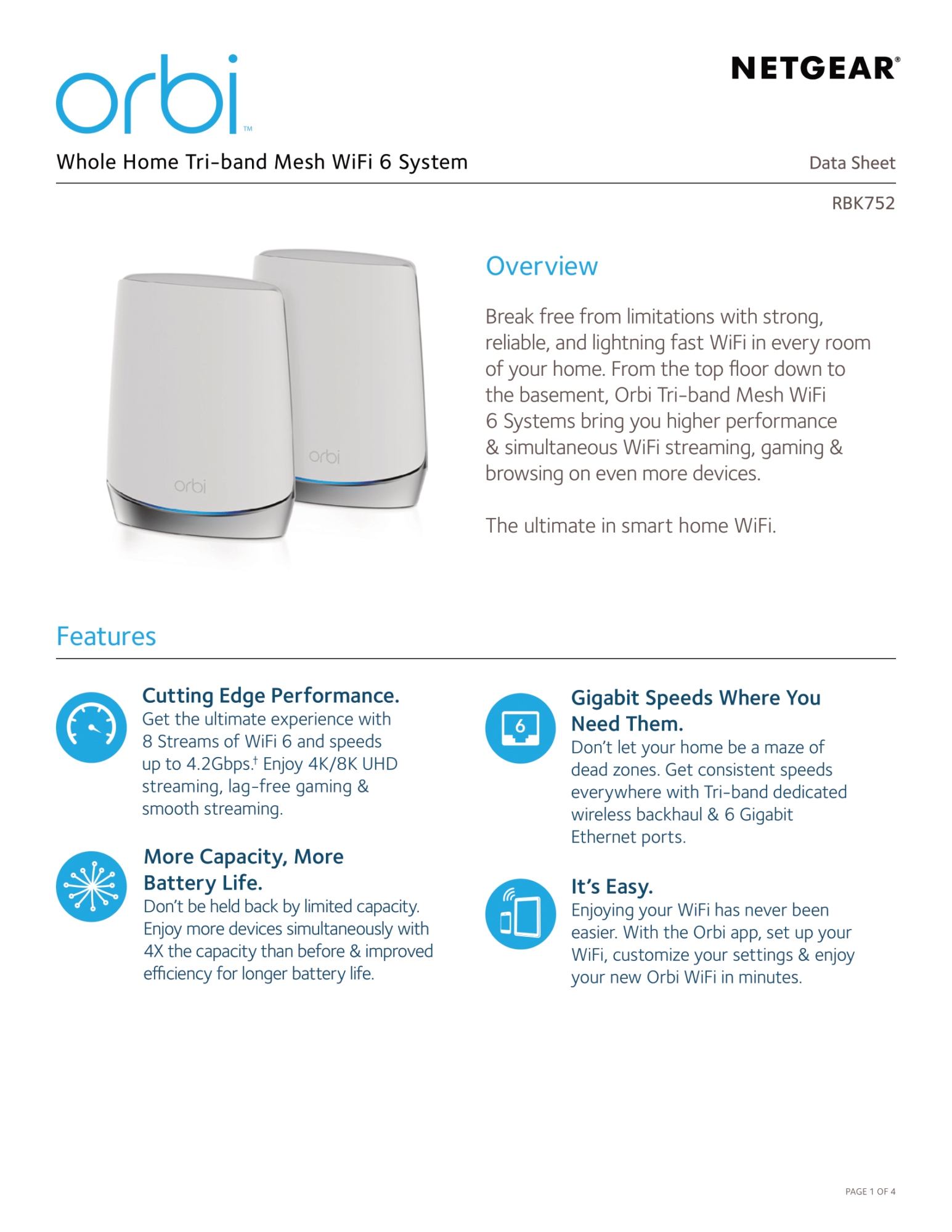 Netgear Orbi RBK752 AX4200 Mbps Tri-Band Mesh WiFi 6 System (1Router ...