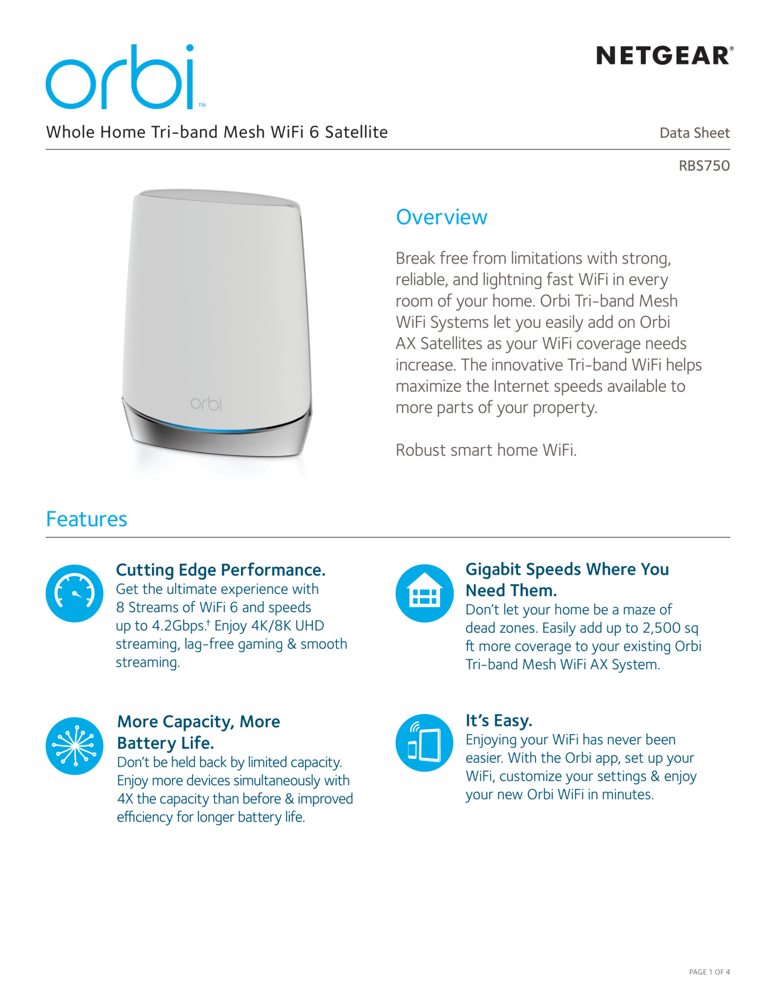 NETGEAR Orbi RBS750 AX4200 Mbps Tri-Band Mesh WiFi 6 System (1 ...