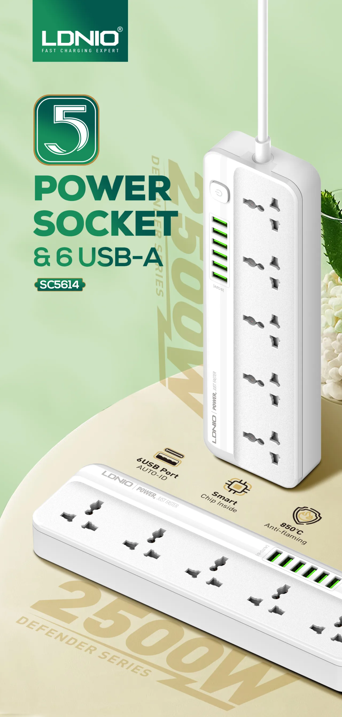 LDNIO SC5614 Power Strip 5 AC Outlets and 6 USB Charging Ports