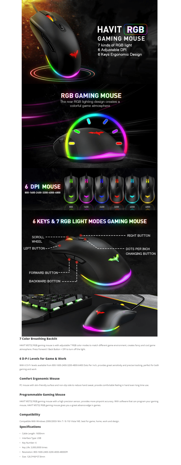 Havit MS732 Wired RGB Gaming Mouse - Penguin.com.bd