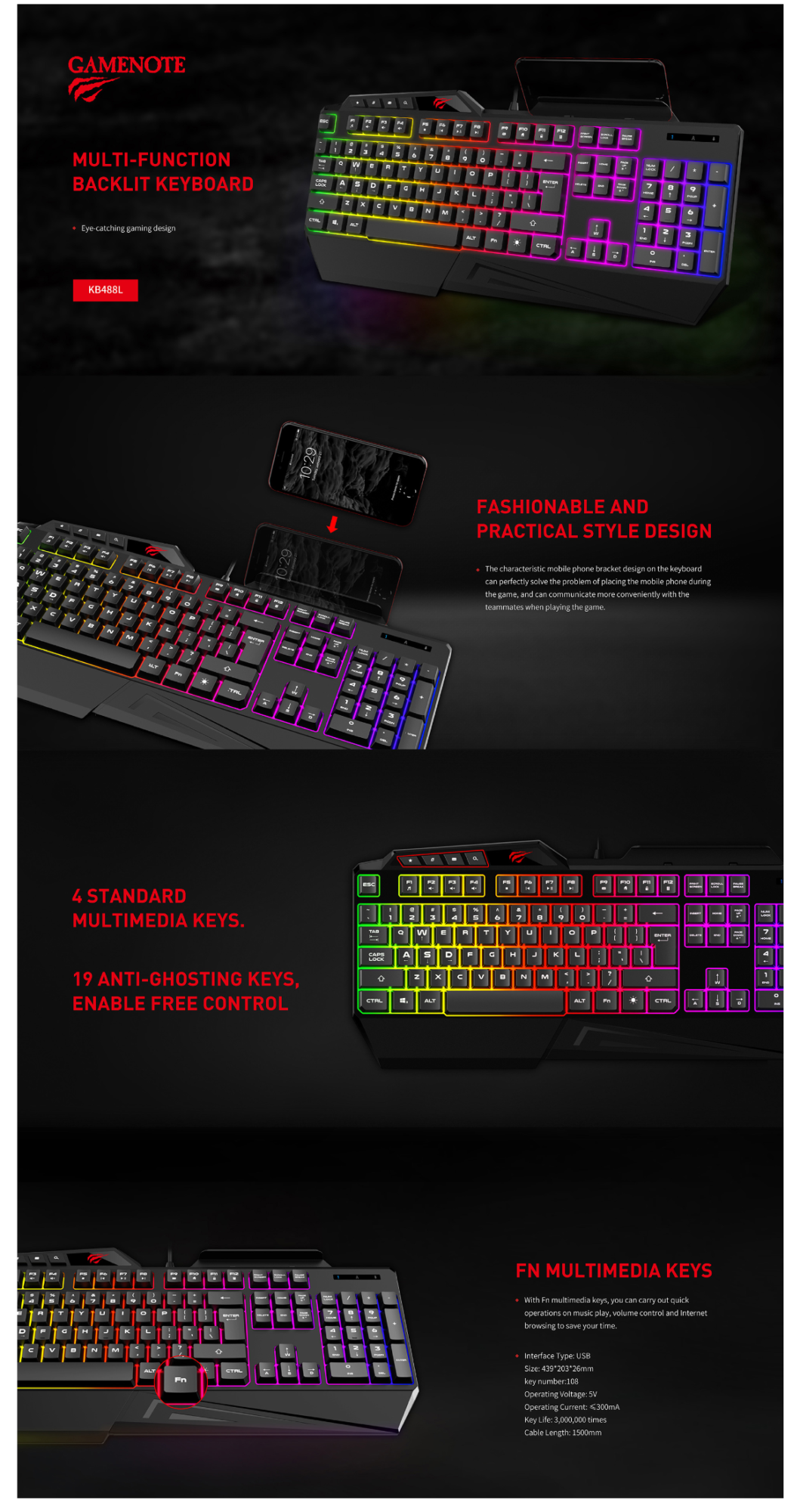 Havit KB488L Multi-Function Backlit Gaming Keyboard - Penguin.com.bd