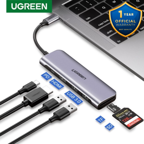 Ugreen 6 in 1 Type-C Hub to HDMI 4K, 2x USB 3.0 Ports, SD TF Card Reader & Type -C 100W PD ...