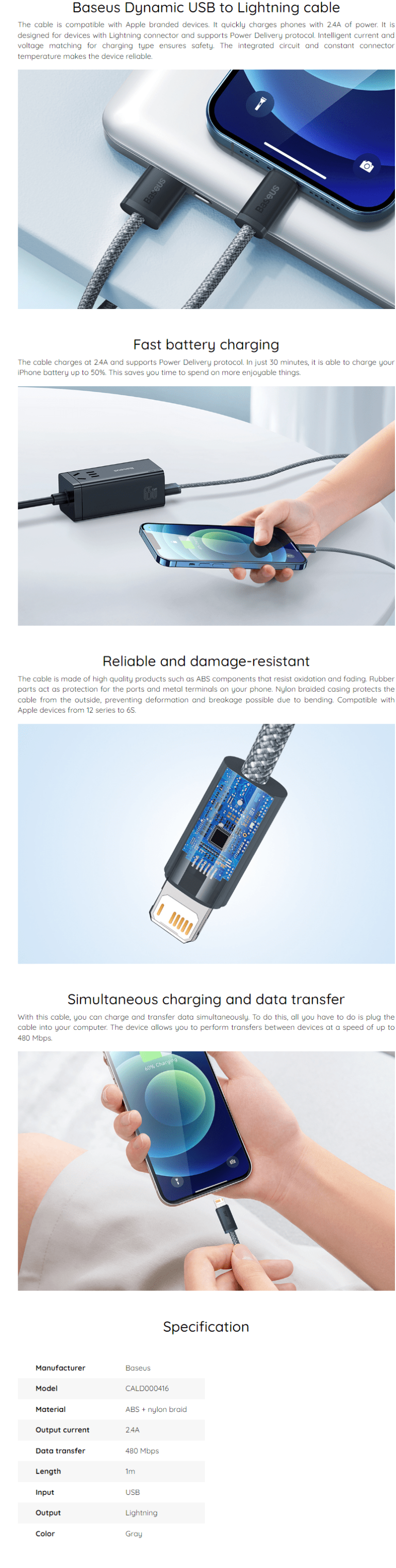 Baseus Dynamic Series Fast Charging Data Cable USB to iP 2.4A 1m Slate ...