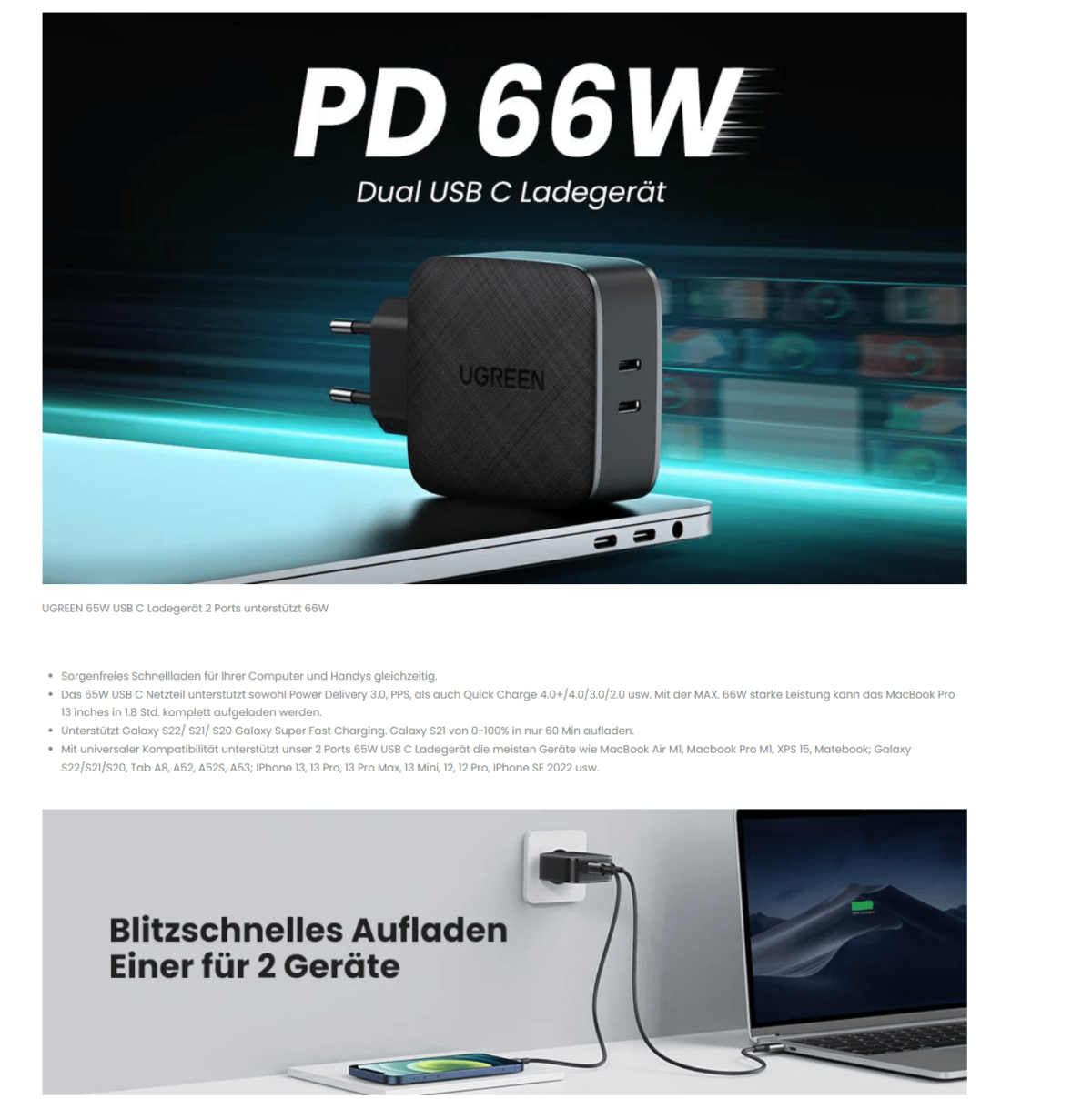 UGREEN 65W USB C Charger 2-Port PD Charger PPS supports 66W (CD216/70867) - Penguin.com.bd