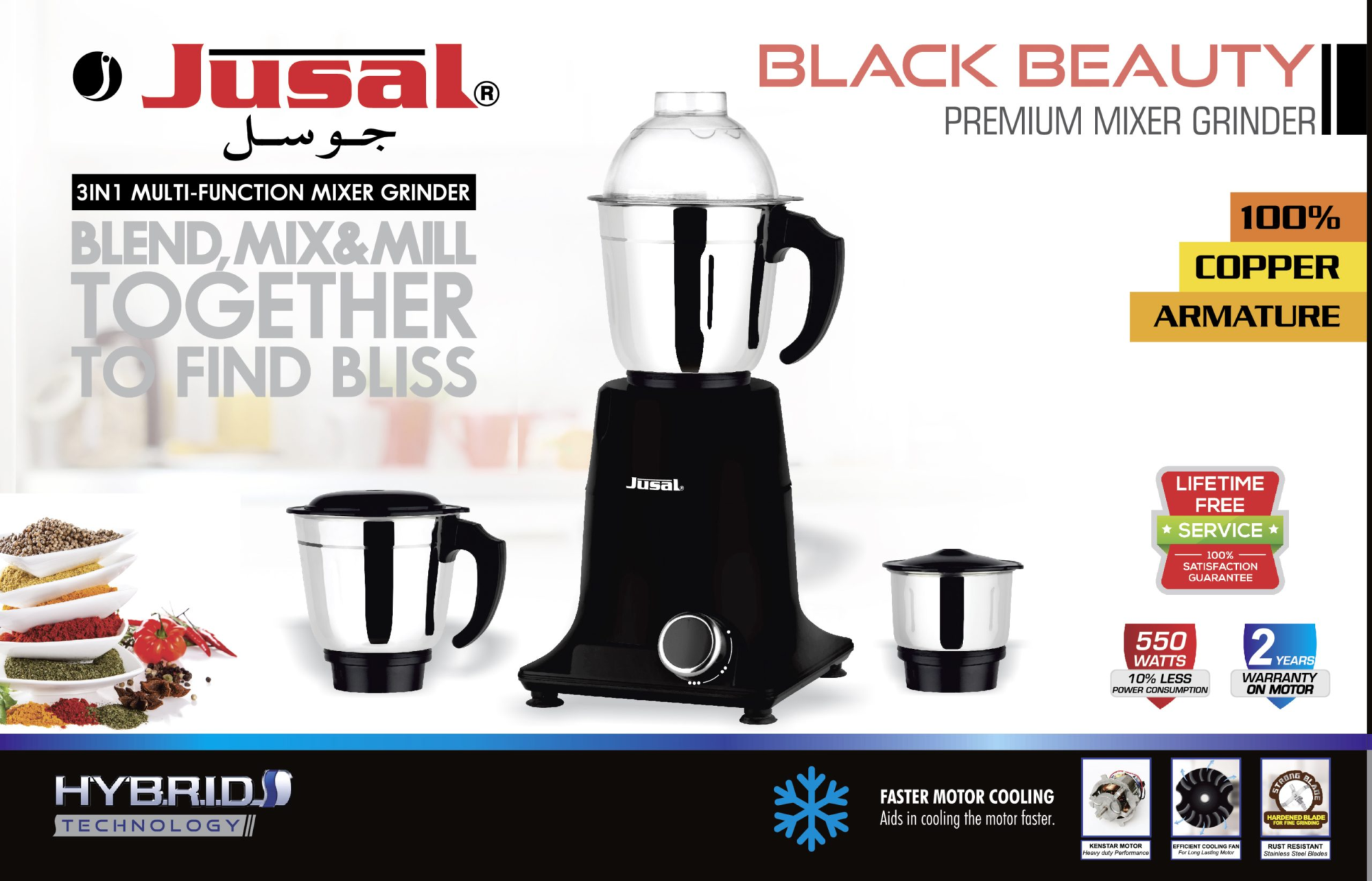 Jusal Black Beauty Mixer Grinder/ Blender (Metallic Black Color with 3 ...