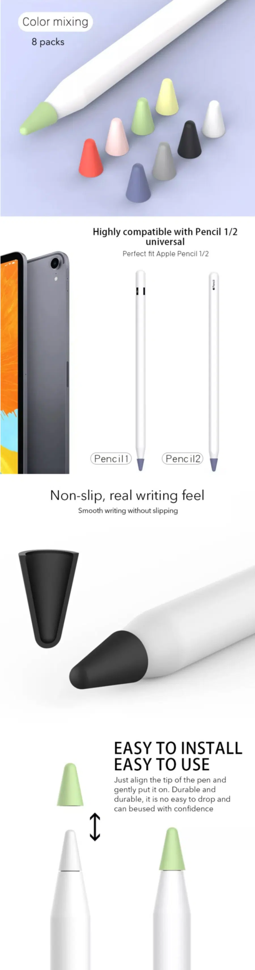 COTEetCI Apple Pencil 1st Gen 2nd Gen Nib Tip Cover 8 Colors - Penguin ...