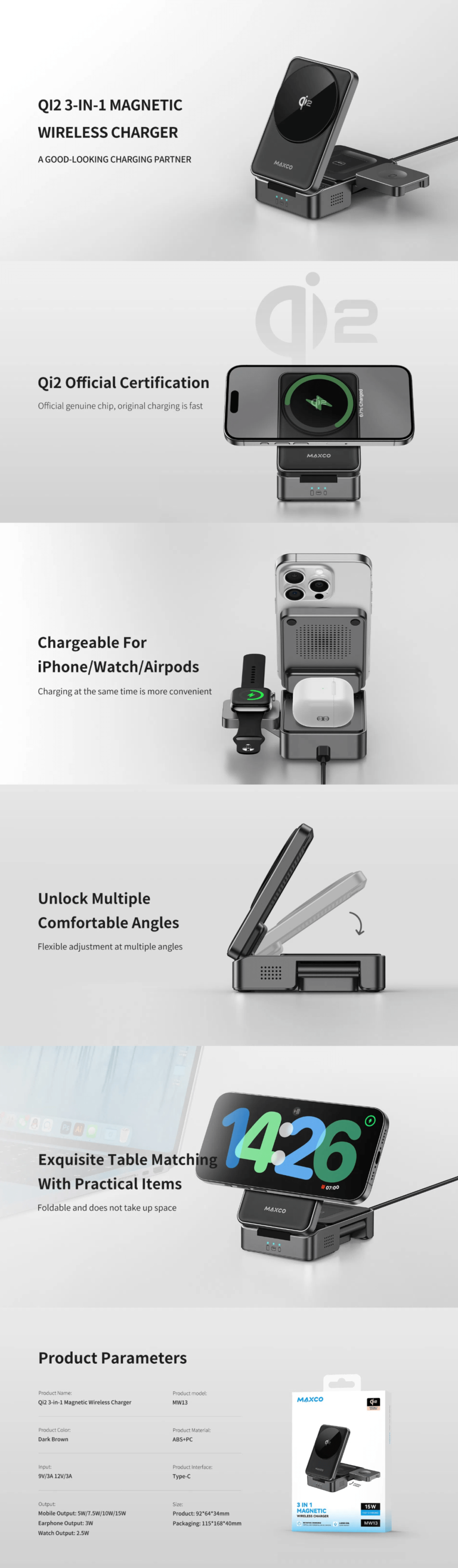 Maxco MW13 Qi2 3-in-1 Magnetic Wireless Charger - Penguin.com.bd